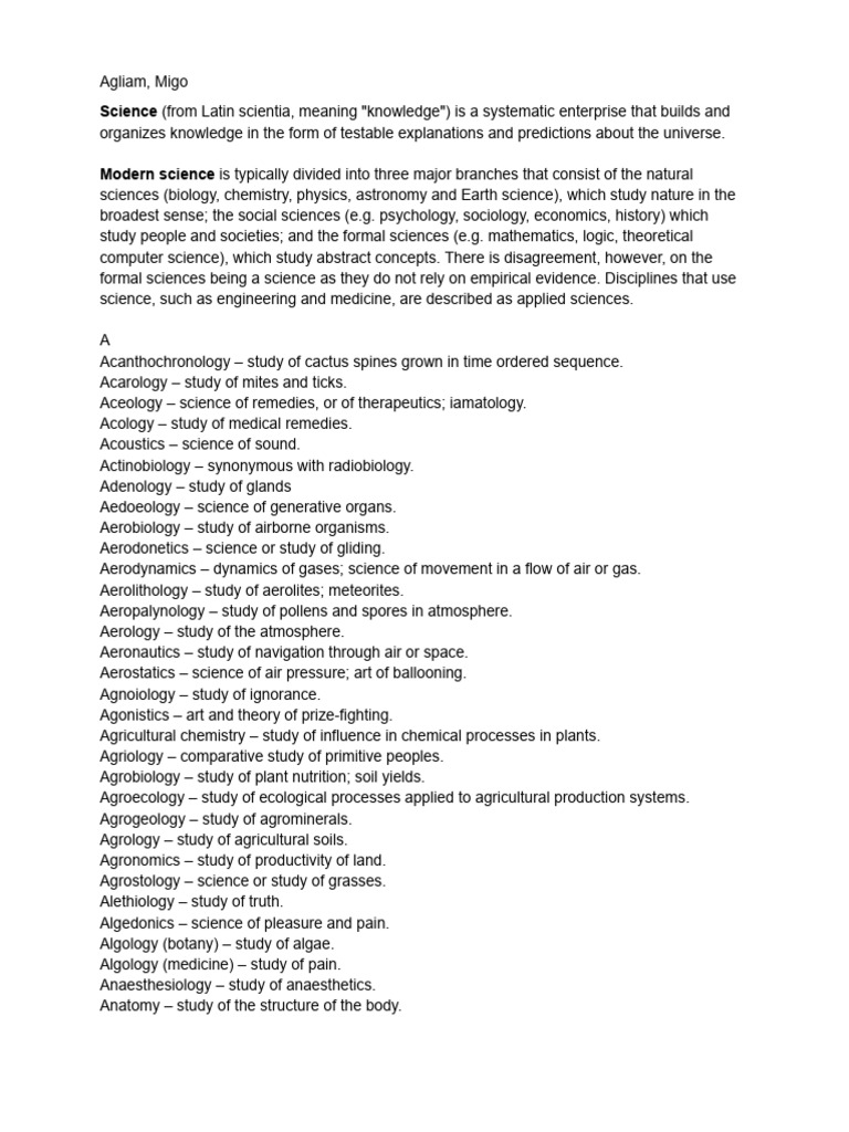 Comprehensive List of Scientific Disciplines | PDF | Science