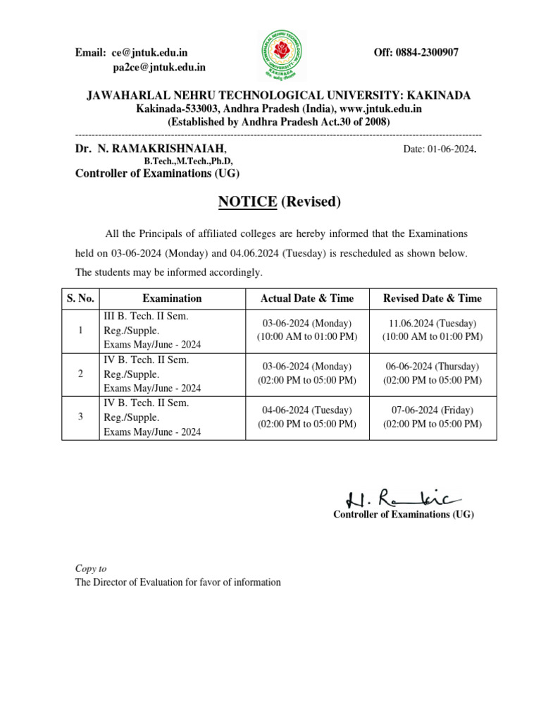 JNTUK Exam Reschedule Notice 2024 | PDF