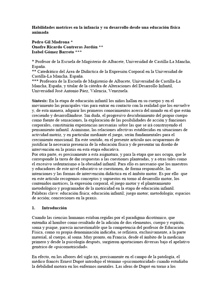Habilidades Motrices en La Infancia y Su Desarrollo Desde Una Educación Física Animada | PDF ...
