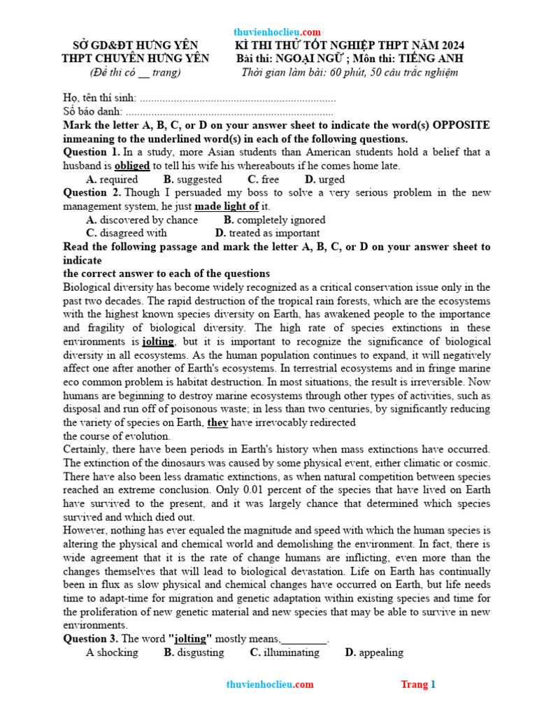 De Thi Thu TN THPT 2024 Tieng Anh Chuyen Hung Yen | PDF | Extinction | Natural Environment