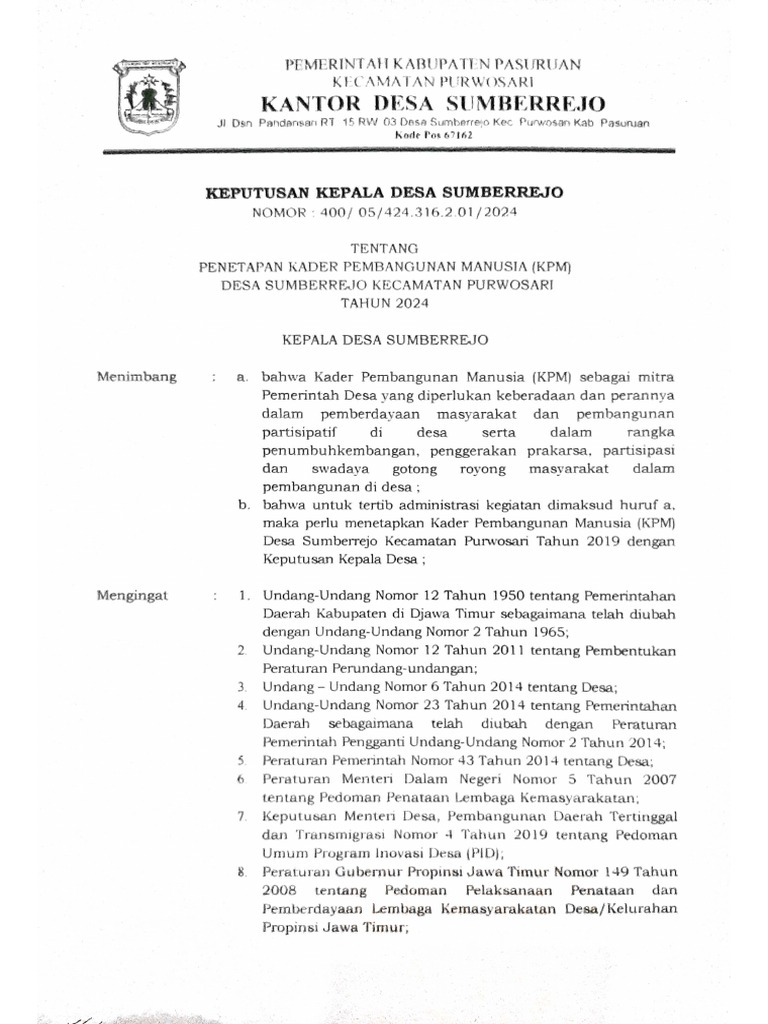SK KPM Desa Sumberrejo 2024 | PDF