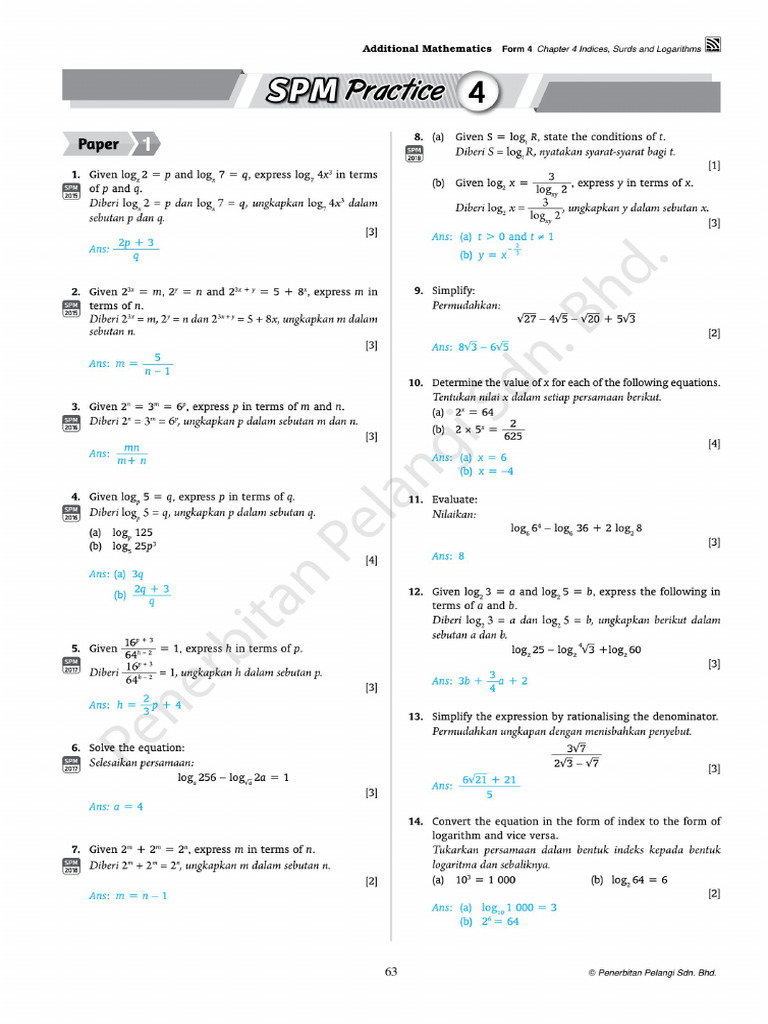 Form 4 Add Math (SPM PRACTICE: Chapter 4 - Logarithm and Surds) | PDF