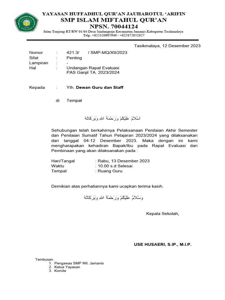 Undangan Rapat Evaluasi Pasca PAS 2023-2024 | PDF