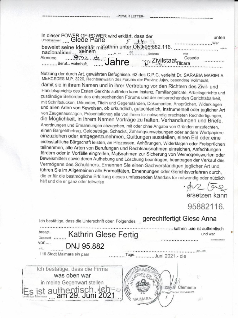 Carta Poder y Dni de ANNA GIESE. ALEMAN 1 | PDF