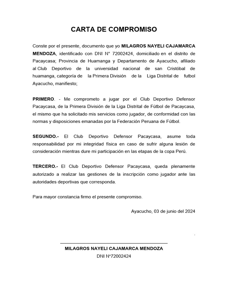 Carta de Compromiso | PDF | Perú | Asociación de Futbol