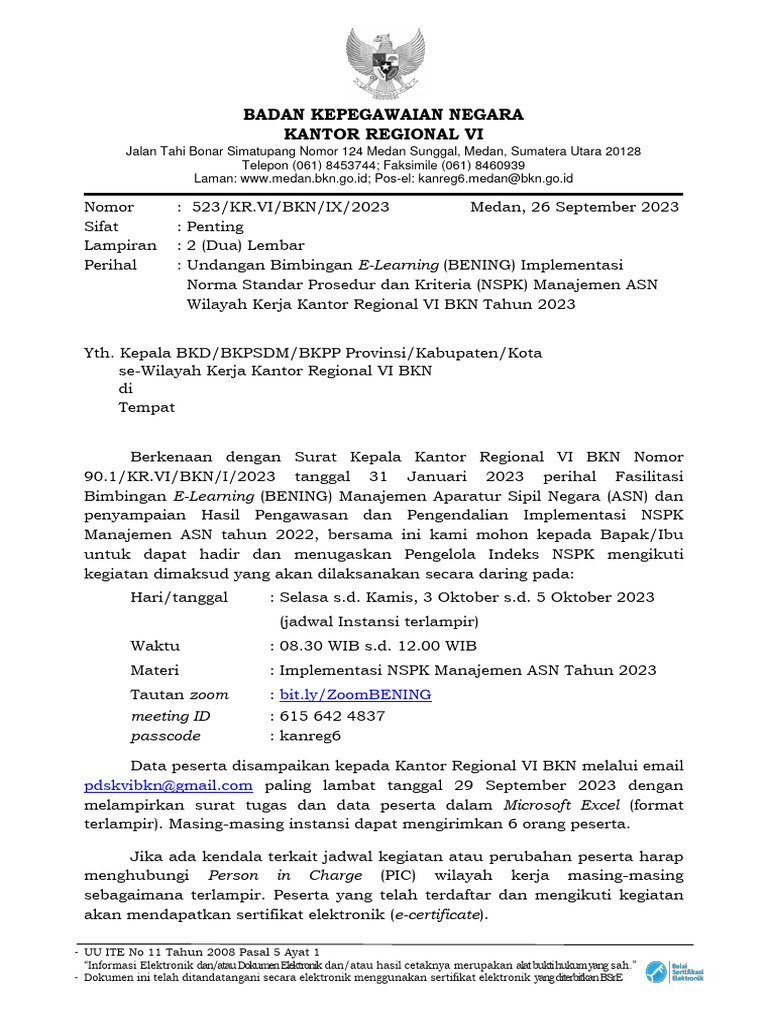 523 Undangan Bimbingan E-Learning (BENING) - Edisi Oktober | PDF