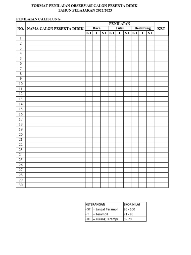 Form Penilaian Calistung | PDF