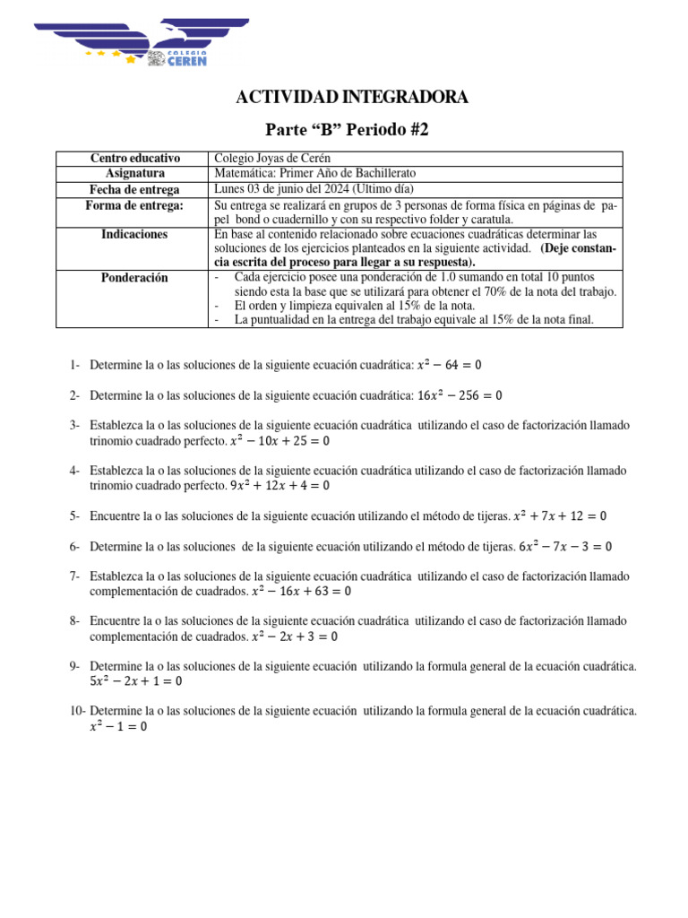 Actividad Integradora Primer Año de Bachillerato | PDF | Factorización ...
