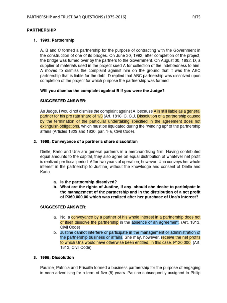 Partnership and Trust Bar Questions and Answers 1975 2016 | PDF ...