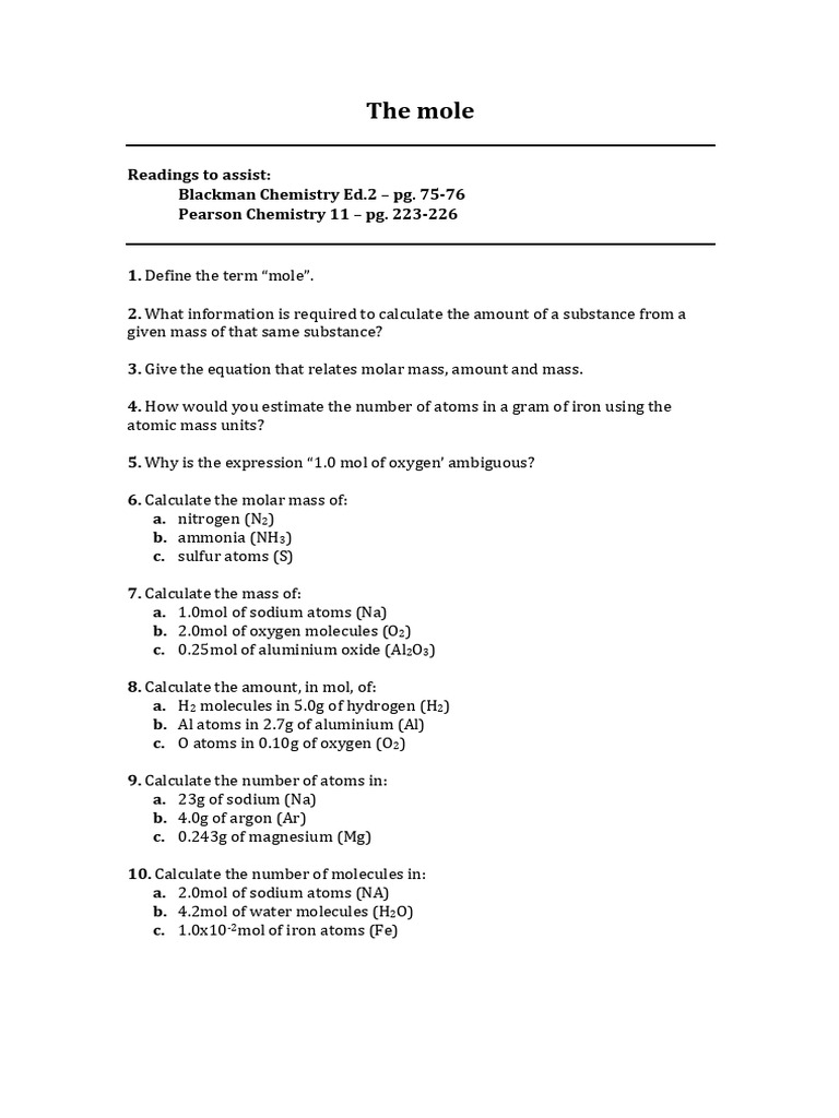 The Mole - Grade 11 - Worksheet | PDF | Science & Mathematics