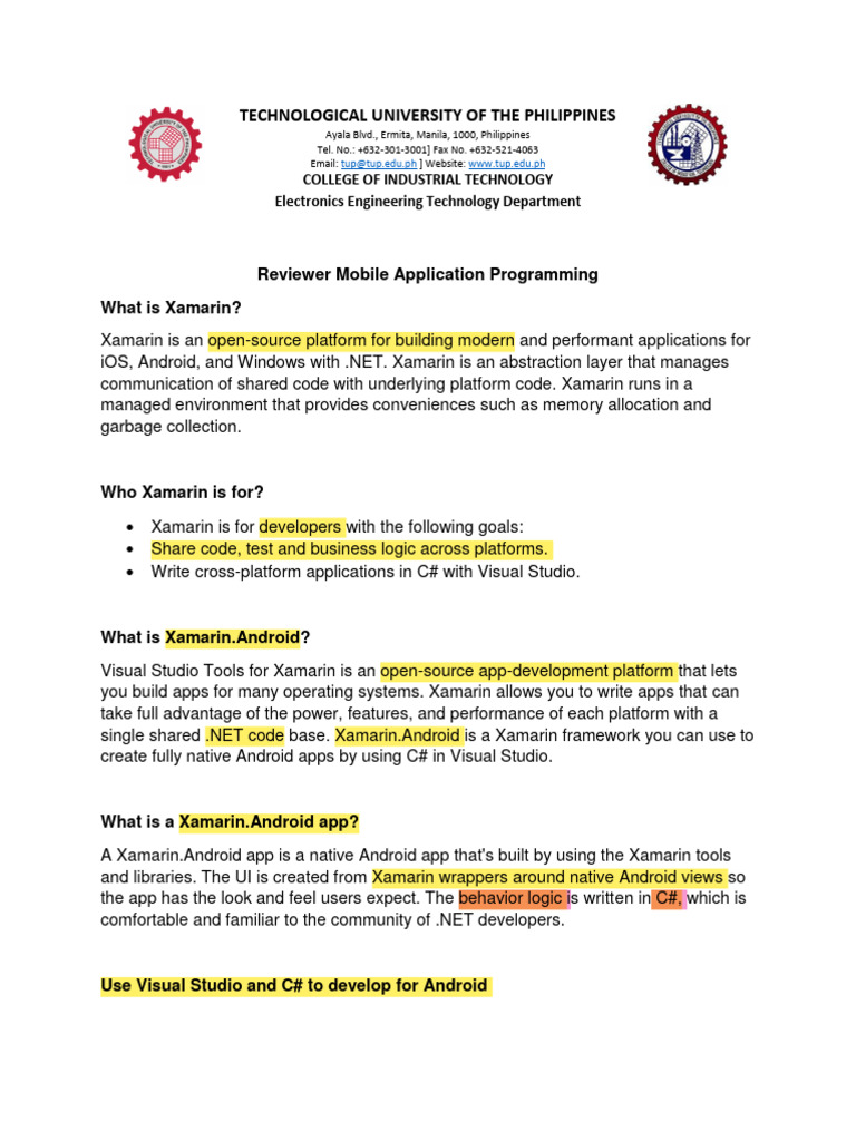 Reviewer For Midterm Exam | PDF | Extensible Application Markup Language | Xamarin