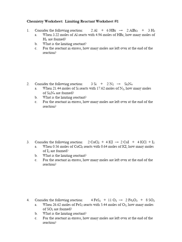 Limiting Reactants Worksheet 1 AND 2 | PDF | Scientific Phenomena | Molecules