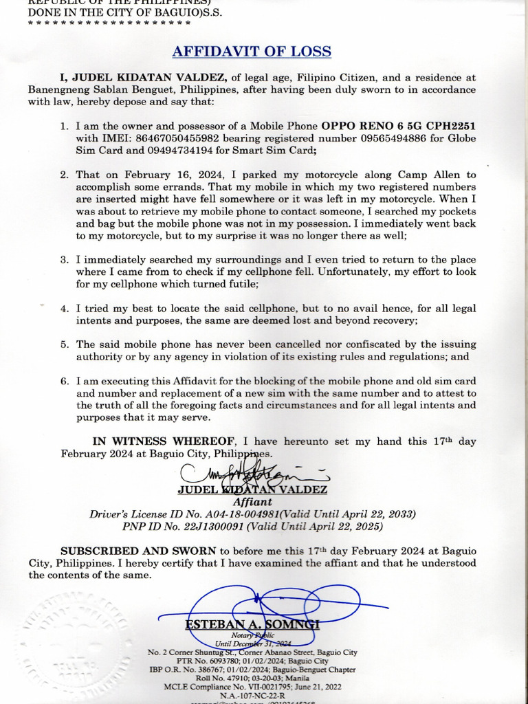 Affidavit of Loss - Mobile Phone | PDF