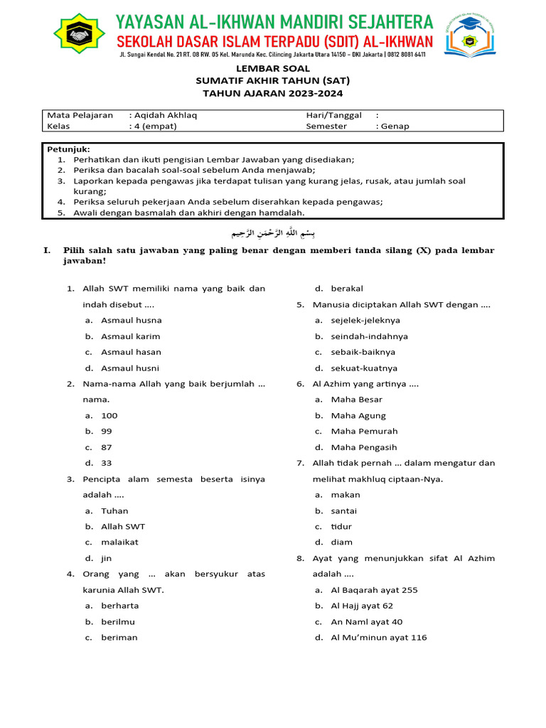 Format Soal SAT Kelas 4, 5 | PDF