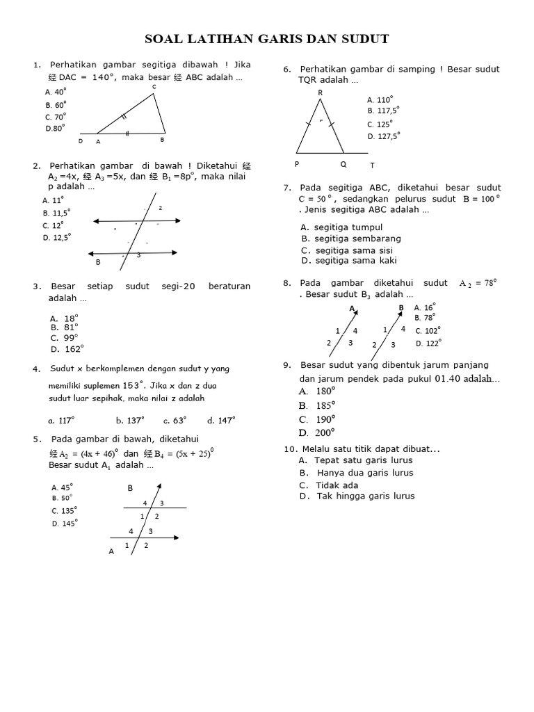 Soal Latihan Garis dan Sudut Kelas 7-8 | PDF