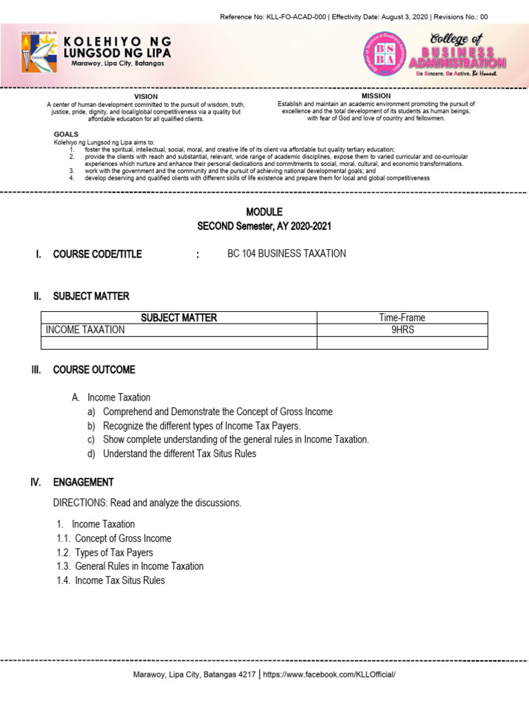 Cba Tax Module 2 - Income Taxation Final 1 | PDF | Gross Income | Taxes