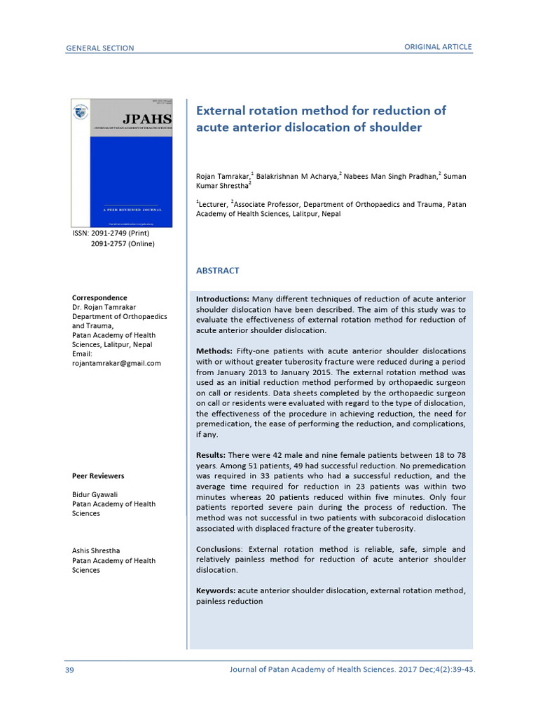 External Rotation Method For Shoulder Dislocation | PDF | Shoulder | Elbow