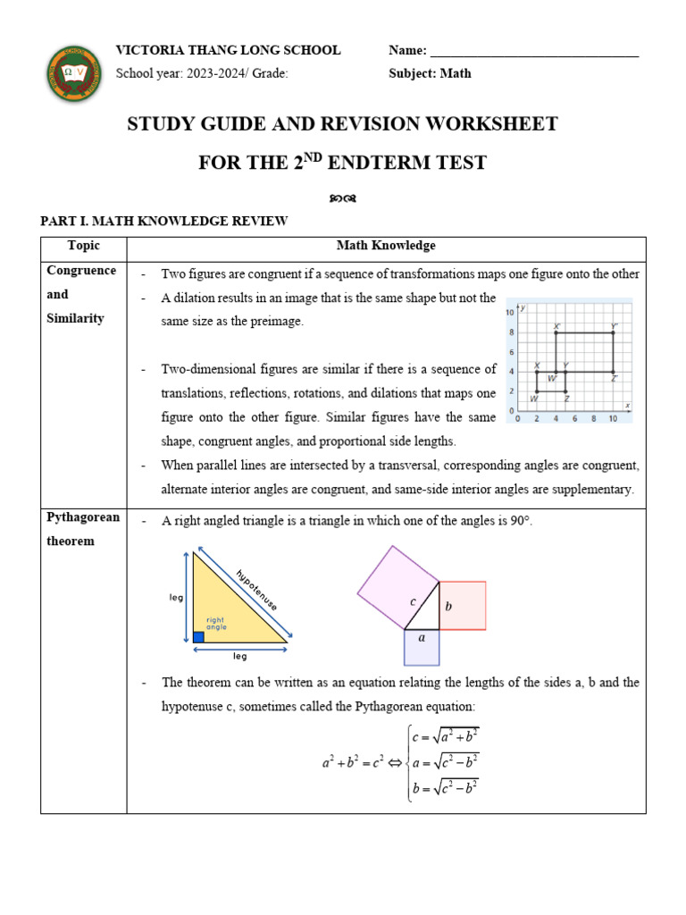 Grade 8 Math Study Guide 2023-2024 | PDF | Area | Triangle