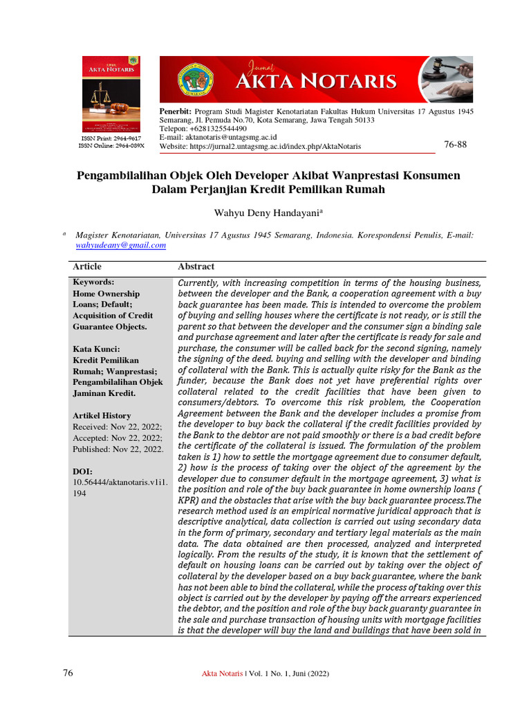 Pengambilalihan Objek Oleh Developer Akibat Wanprestasi Konsumen Dalam ...