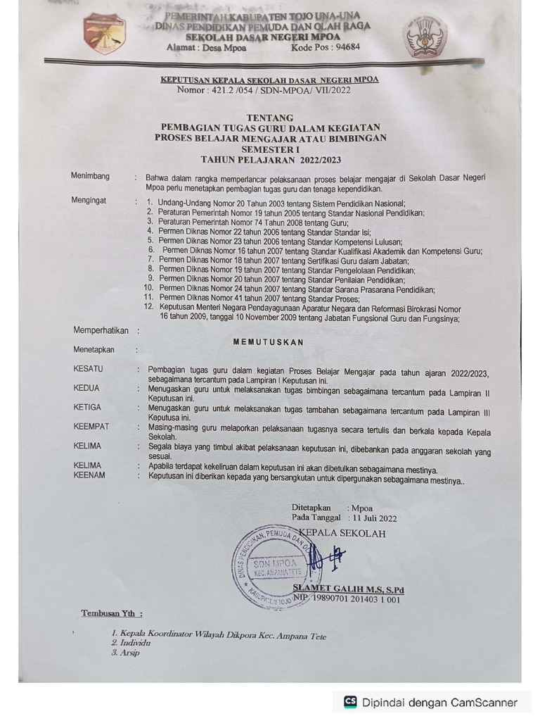 SK Pembagian Tugas Semester 1 Tahun 2022-2023 | PDF