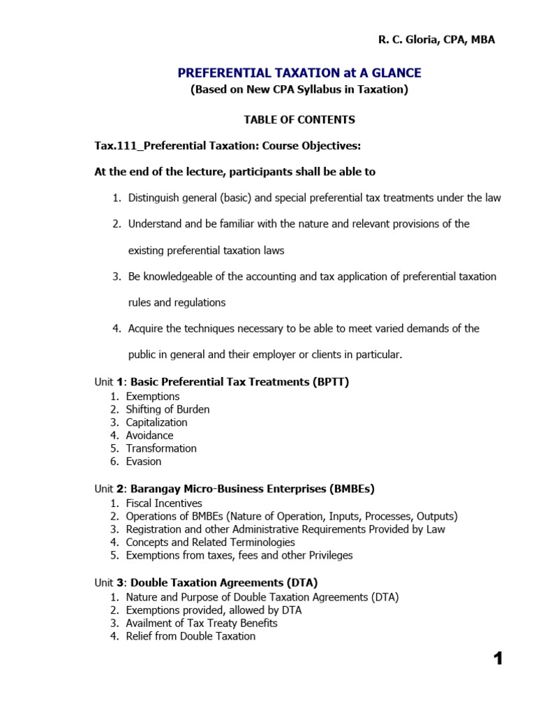 Tax.111 - Preferential Taxation Notes | PDF | Taxes | Double Taxation