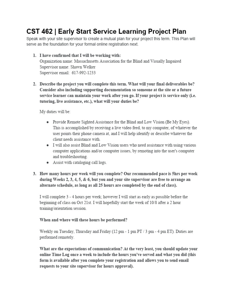 CST 462 Early Start Service Learning Project Plan | Download Free PDF ...