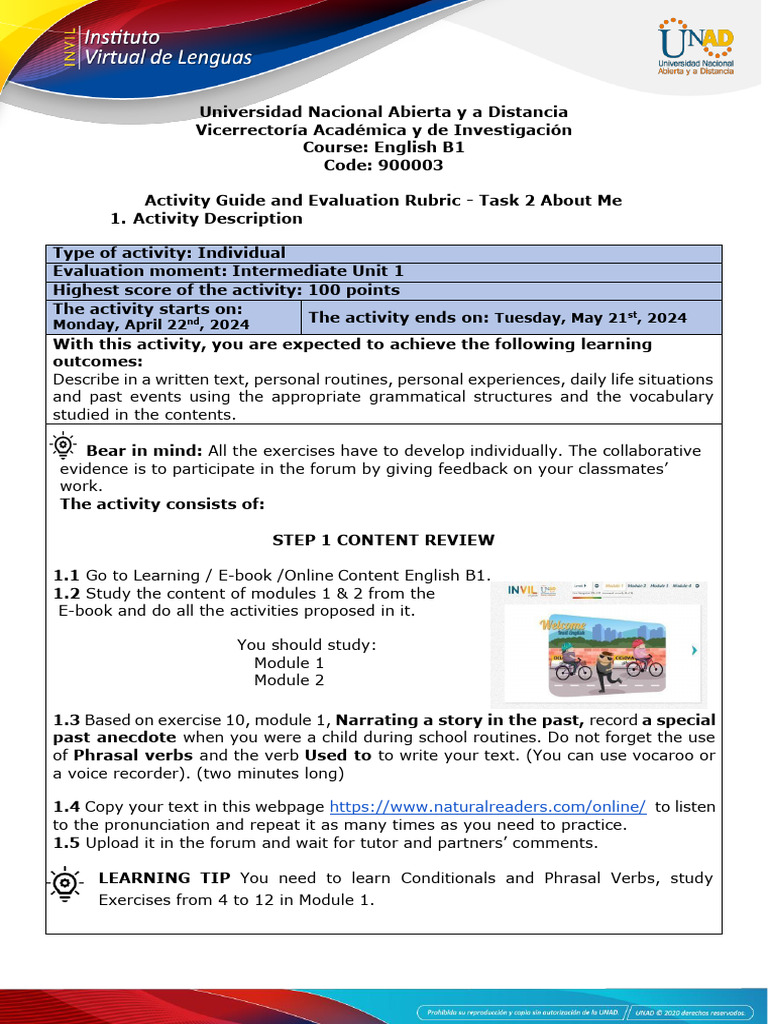 Activity guide and evaluation rubric-unit 1 -Task 2-About me. | PDF ...