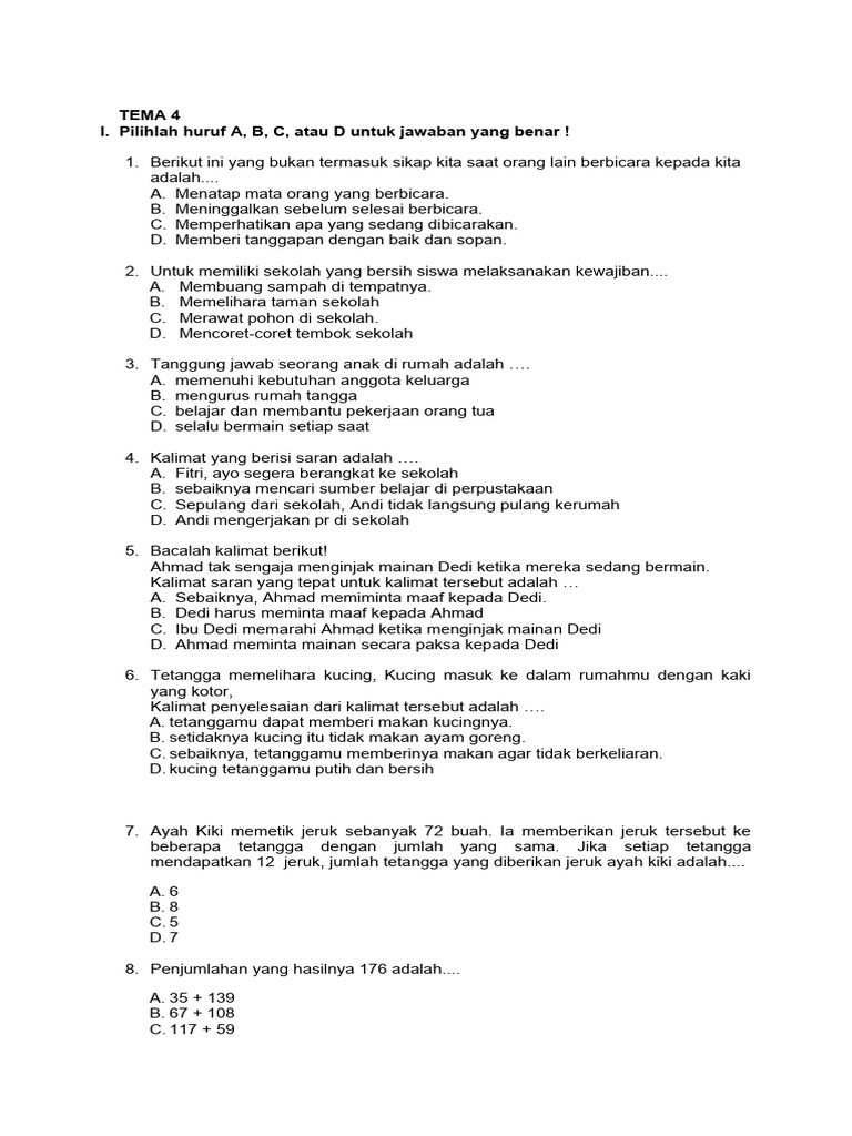 Soal Pas Kelas 3 Tema 4 | PDF