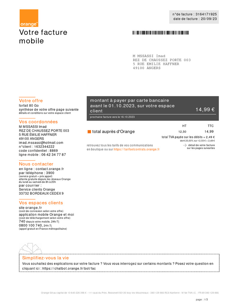 Facture mobile Orange - Forfait 80 Go | PDF | Facture | Secteurs du service