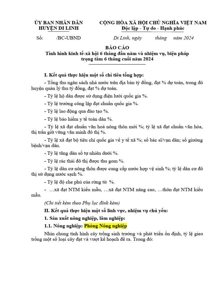 Đề cương Báo cáo KTXH 6 tháng đầu năm, NV 6 tháng cuối năm 2024 | PDF