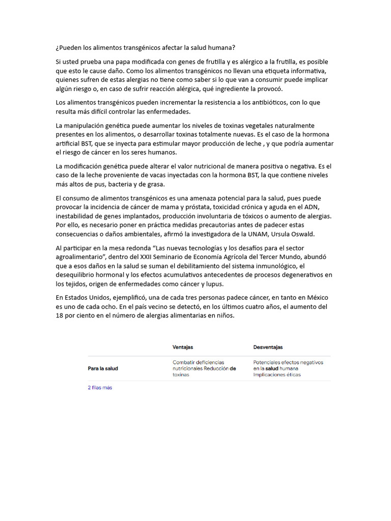 Riesgos de los alimentos transgénicos | PDF | Salud y bienestar ...