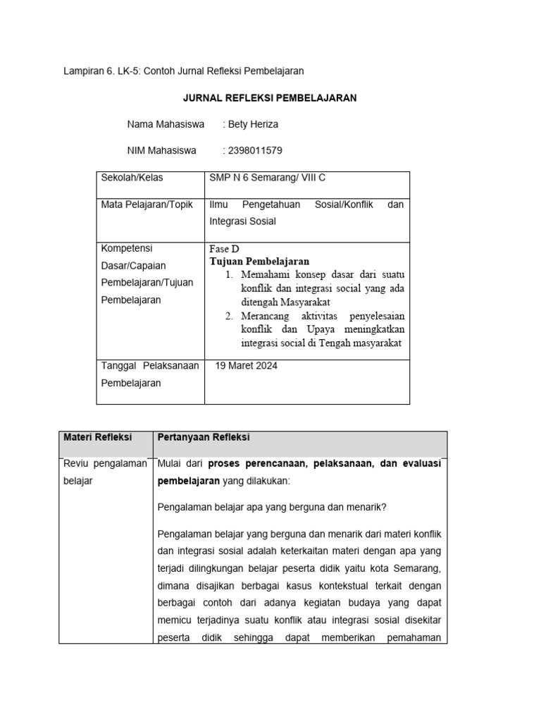 Lampiran 6. LK-5 Contoh Jurnal Refleksi Pembelajaran-Siklus 4 | PDF