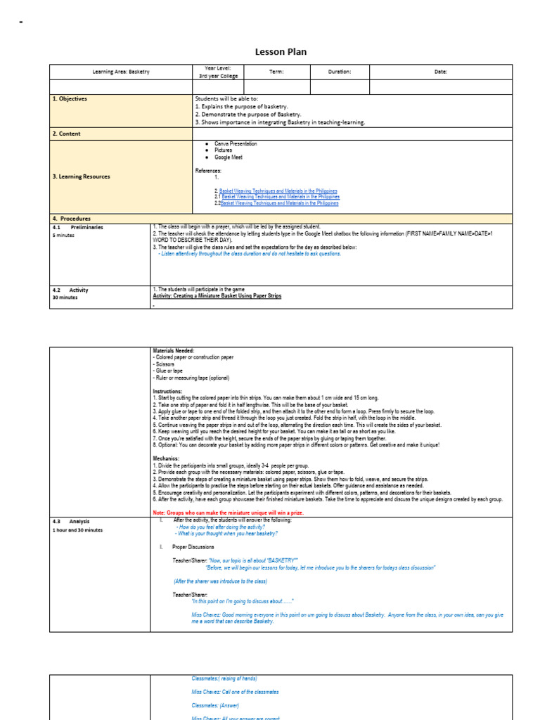 Kopya NG Lesson Plan | Download Free PDF | Basket Weaving | Weaving