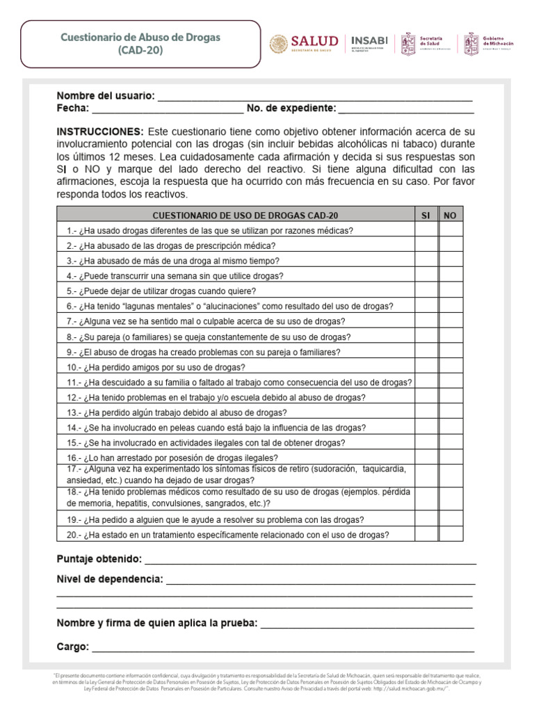 Cuestionario de Abuso de Drogas (CAD 20) | PDF | Drogas | La ...