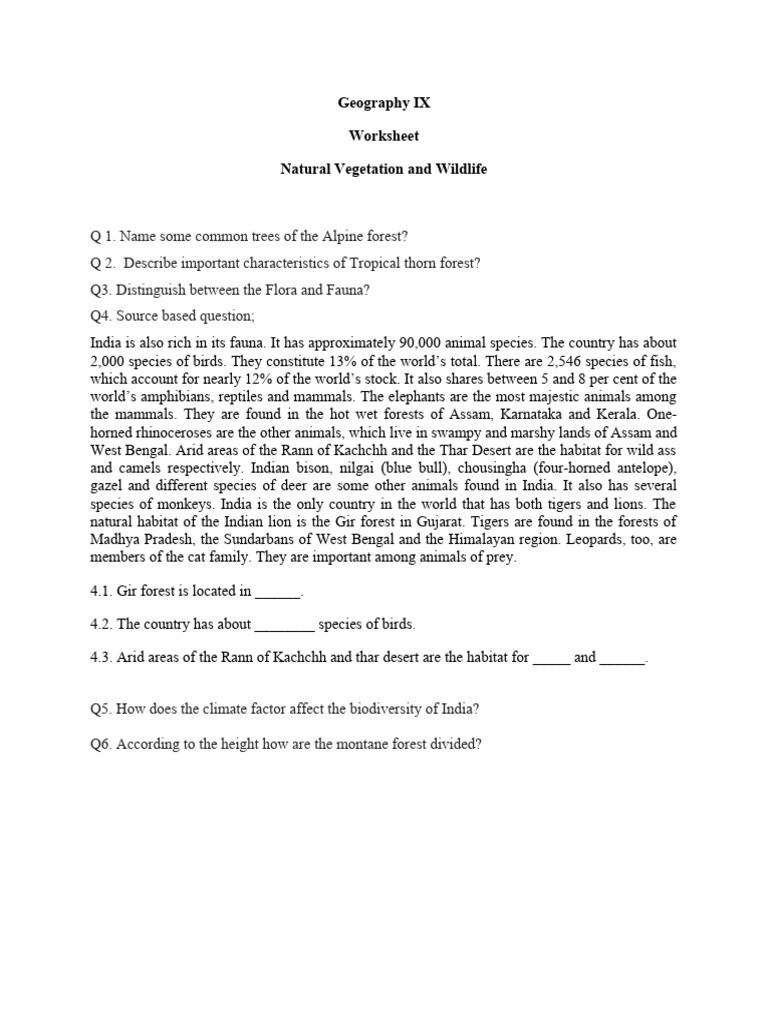Geography IX Natural Vegetation Worksheet | PDF