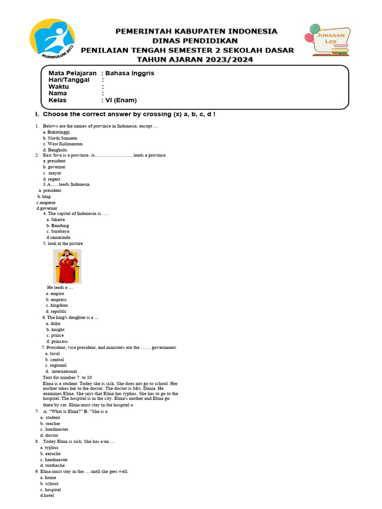 Soal-PTS-Bahasa-Inggris-K13-Kelas 6-Semester-2-T.A 2023-2024 | PDF | Indonesia