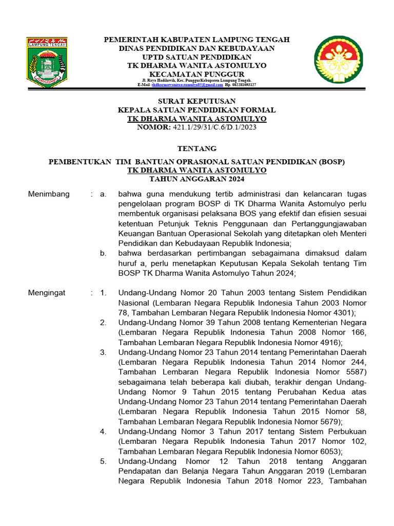 Pembentukan Tim BOSP TK Dharma Wanita | PDF