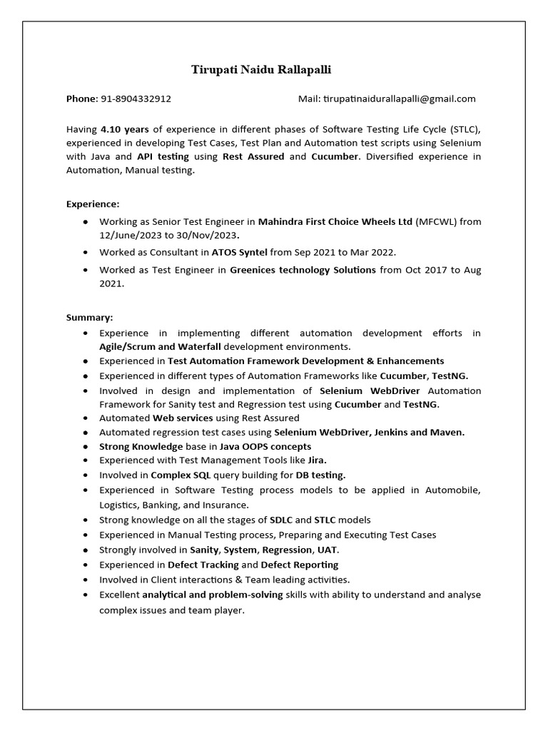 Tirupati Naidu Automation Resume | PDF | Software Testing | Selenium ...