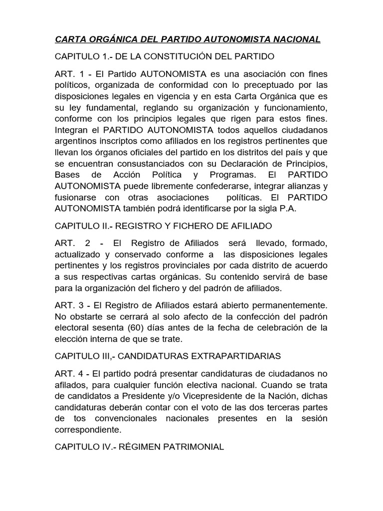 36 Partido Autonomista Carta Organica Nacional | PDF | Donación | Votación