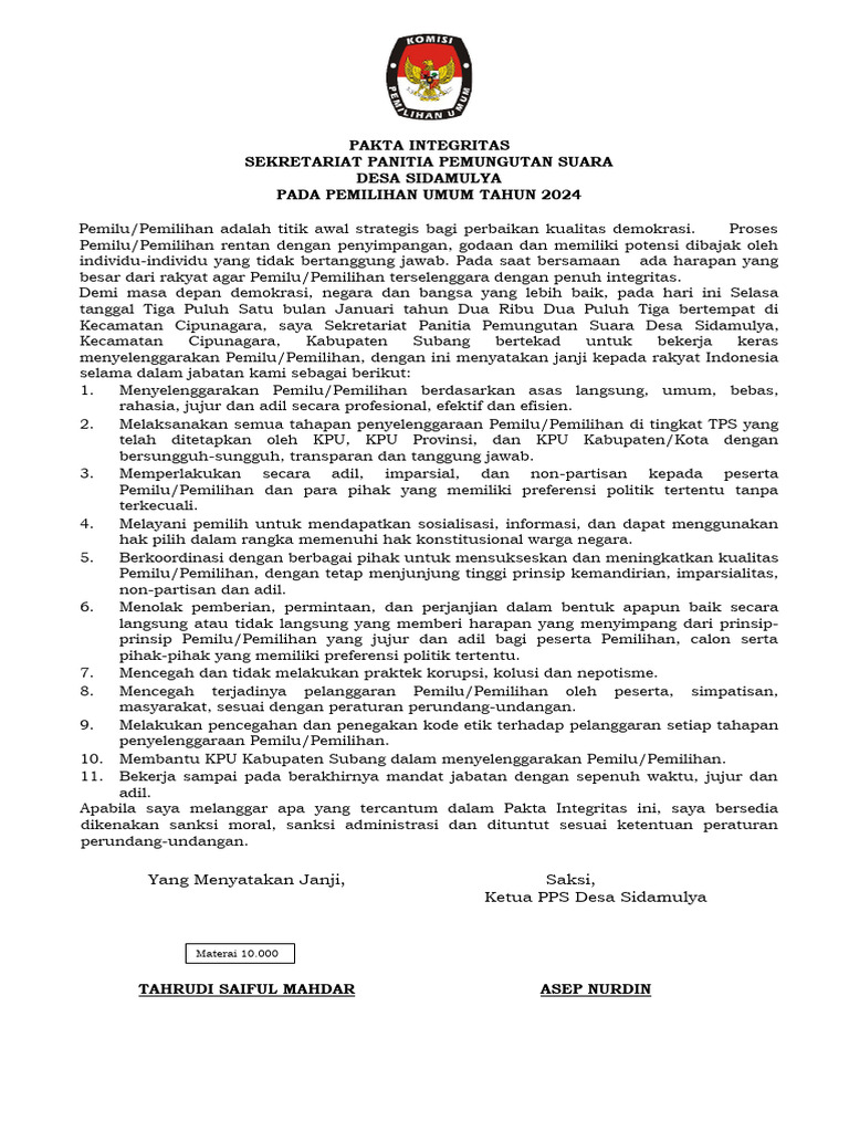 Contoh Pakata Integritas Sekretariat PPS | PDF