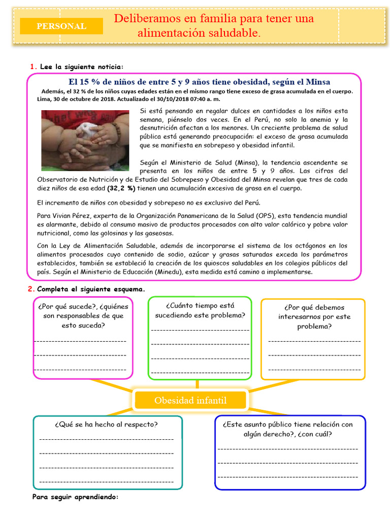 D1 A2 FICHA PS Deliberamos para tener una alimentación saludable. | PDF | Obesidad | Obesidad ...