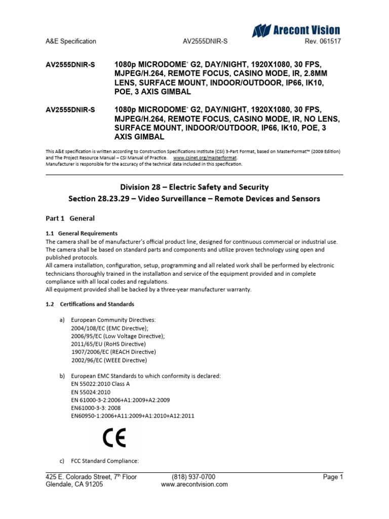 AV2555DNIR-S - A&E Specification | PDF | Camera | Pixel