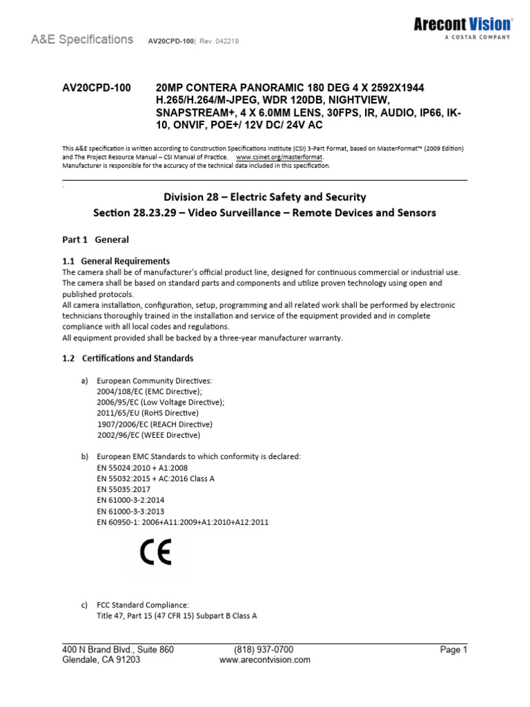 AV20CPD-118 - A&E Specification | PDF | Camera | Frame Rate