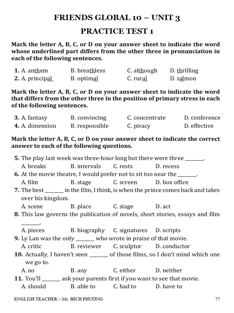 Friends Global 10 - Unit 3 Practice Test 1: English Teacher - Ms. Bích ...