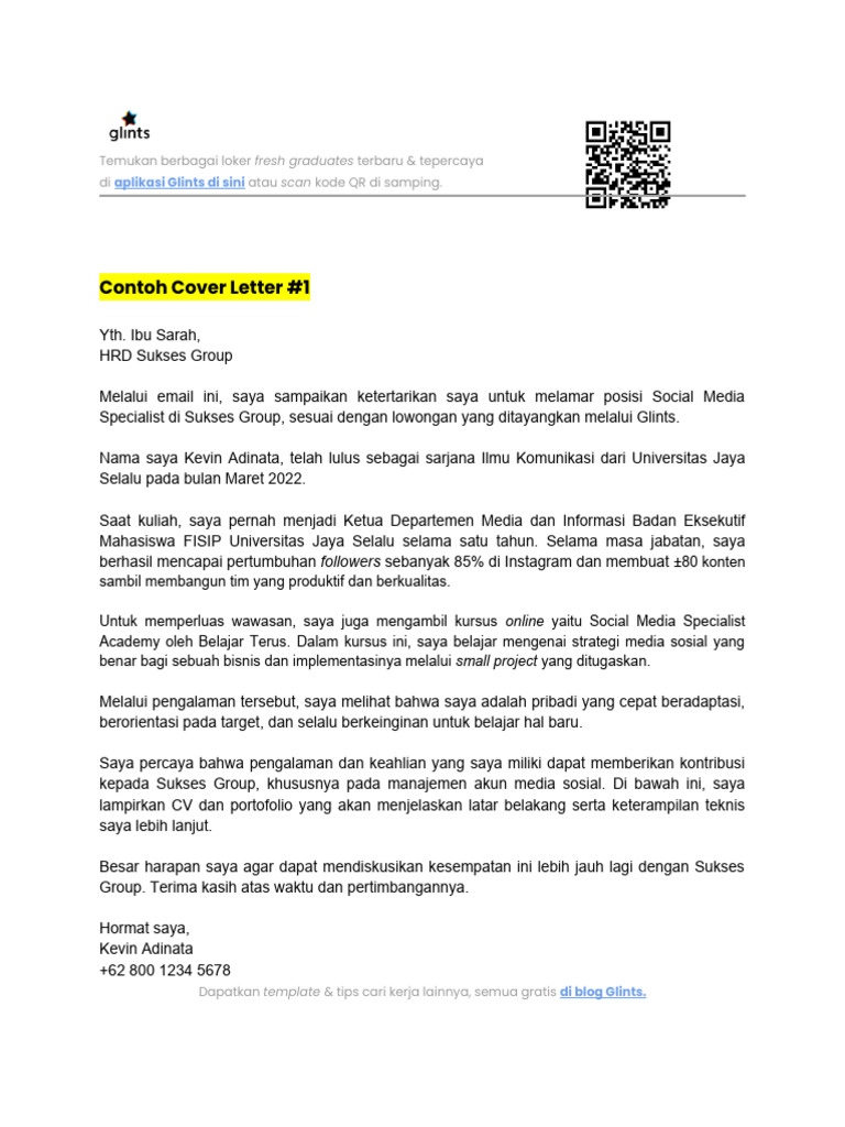 Contoh Cover Letter Fresh Graduate | PDF | Karier & Perkembangan