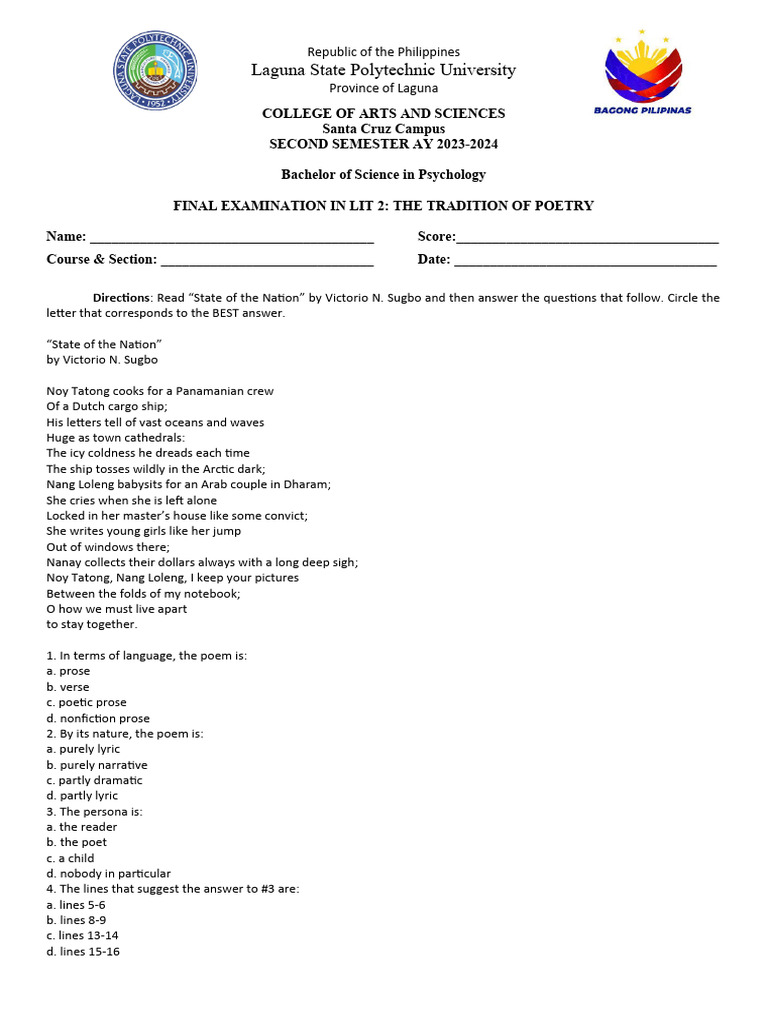 Lit 2 Final Exam: Poetry Analysis | PDF | Foreign Language Studies | Poetry