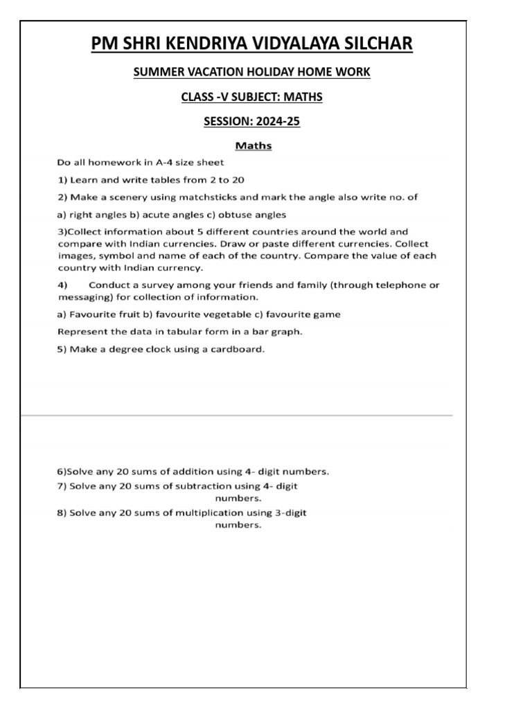 CLASS_5_MATHS_ HOLIDAY HOMEWORK | PDF