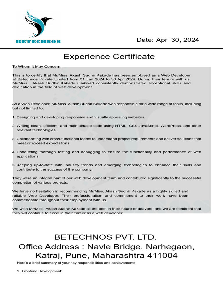 Experience Letter Akash Int | PDF | Word Press | Web Development