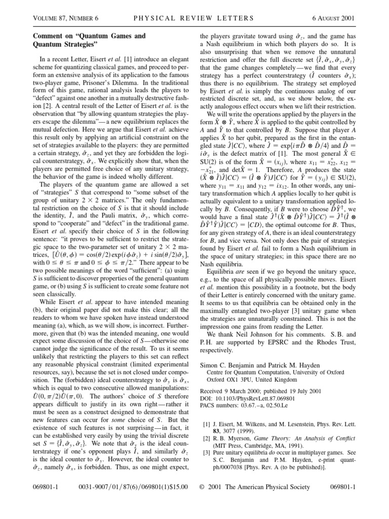 Comment On Quantum Games & Quantum Strategies | Download Free PDF | Scientific Theories ...