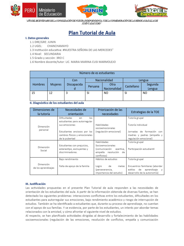 Plan Tutorial de Aula 2024 - 2 | PDF | Las emociones | Salón de clases